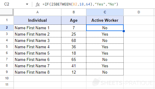 Google Sheets Function: ISBETWEEN